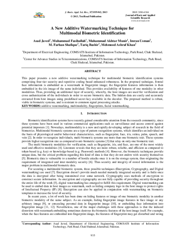 Pdf A New Additive Watermarking Technique For Multimodal Biometric Identification