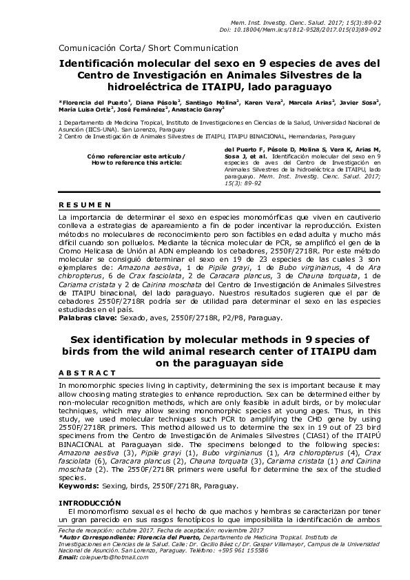 Pdf Sex Identification By Molecular Methods In 9 Species Of Birds