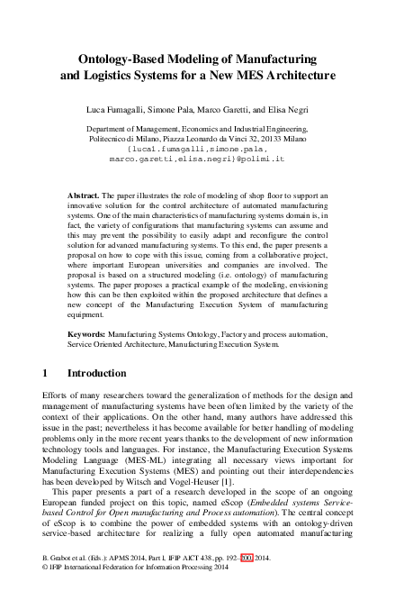 (PDF) Ontology-Based Modeling of Manufacturing and Logistics Systems for a New MES Architecture