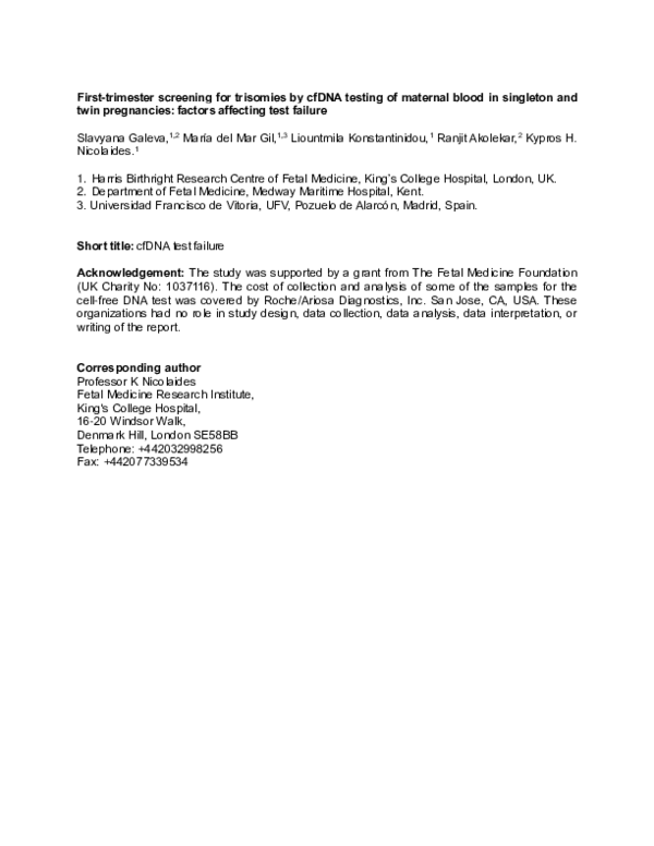 (PDF) First‐trimester screening for trisomies by cfDNA testing of ...