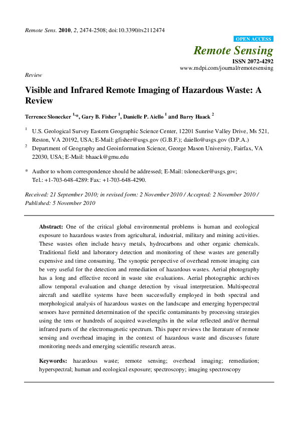 (PDF) Visible and Infrared Remote Imaging of Hazardous Waste: A Review