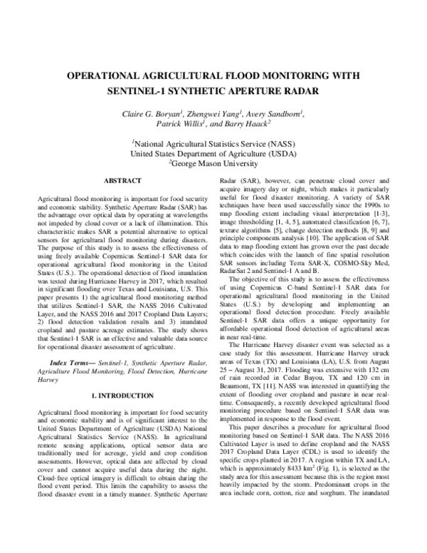 Pdf Operational Agricultural Flood Monitoring With Sentinel 1 Synthetic Aperture Radar