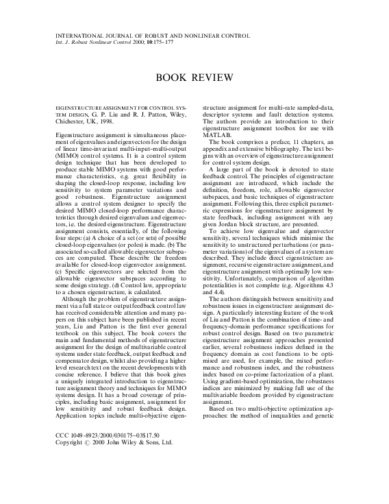 (PDF) Eigenstructure Assignment for Control System Design, G. P. Liu and R. J. Patton, Wiley ...