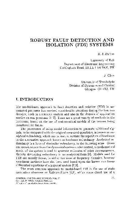 Pdf Robust Fault Detection And Isolation Fdi Systems R Patton