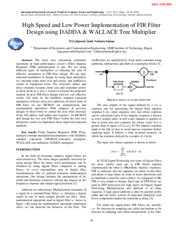 (PDF) High Speed and Low Power Implementation of FIR Filter Design using DADDA & WALLACE Tree ...