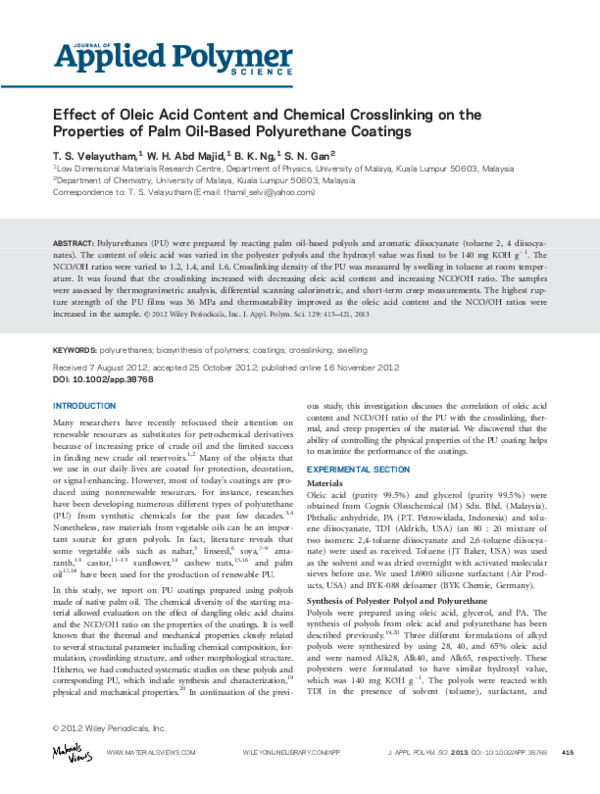 (PDF) Effect of oleic acid content and chemical crosslinking on the properties of palm oil-based ...