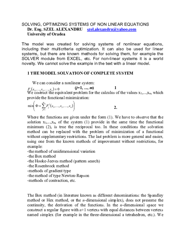 (PDF) SOLVING, OPTIMIZING SYSTEMS OF NON LINEAR EQUATIONS | Szel Alexandru - Academia.edu