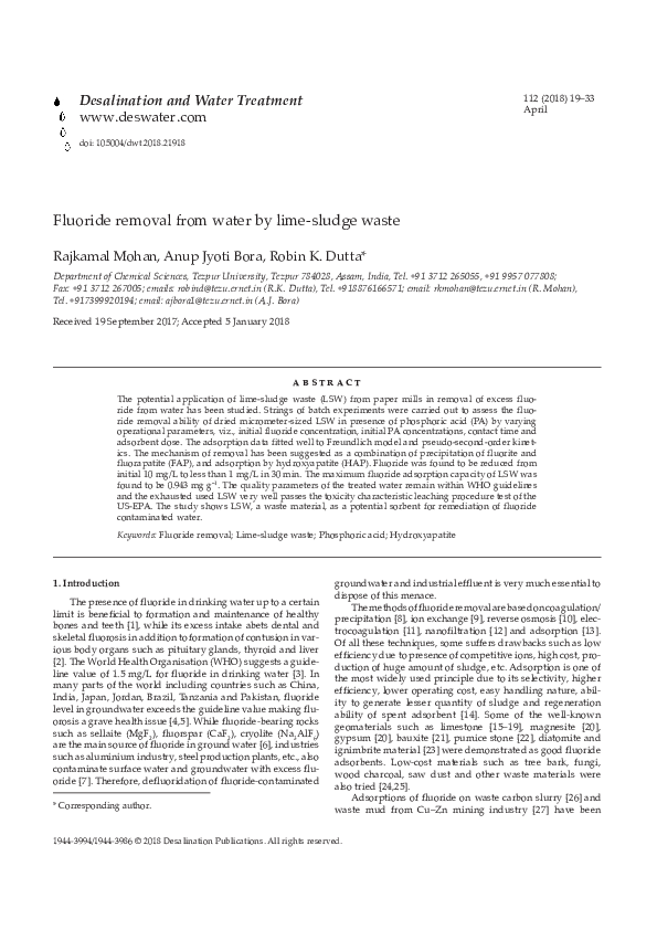 (PDF) Fluoride removal from water by lime-sludge waste