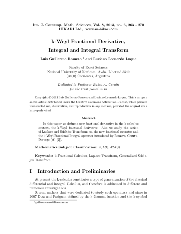 (PDF) k-Weyl fractional derivative, integral and integral transform