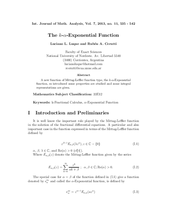 (PDF) The k-\alpha-exponential function