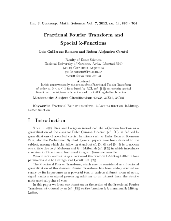 (PDF) Fractional Fourier Transform and Special k-Functions