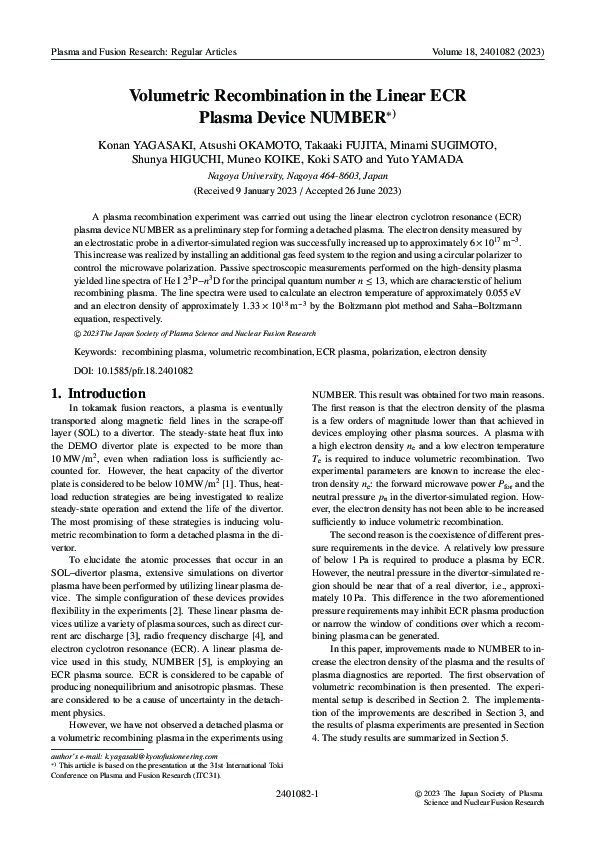 (PDF) Volumetric Recombination in the Linear ECR Plasma Device NUMBER