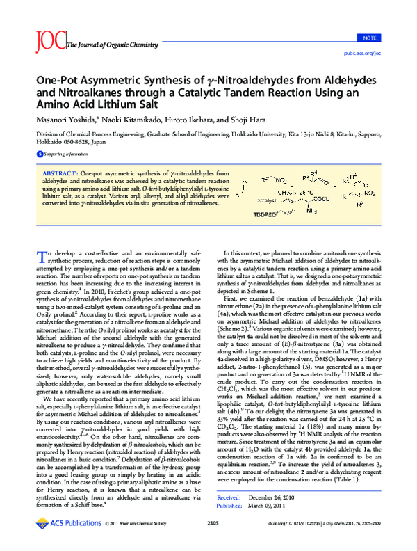 (PDF) One-Pot Asymmetric Synthesis of γ-Nitroaldehydes from Aldehydes and Nitroalkanes through a ...