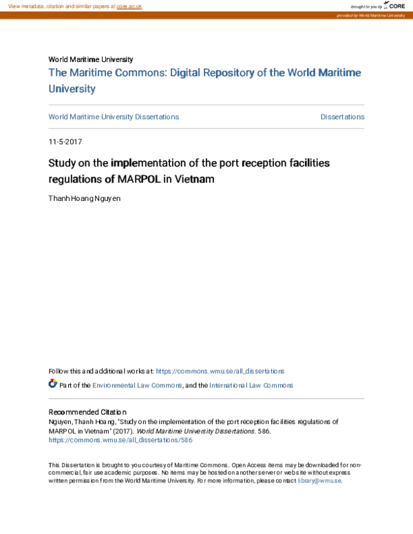 (PDF) Study on the implementation of the port reception facilities regulations of MARPOL in Vietnam