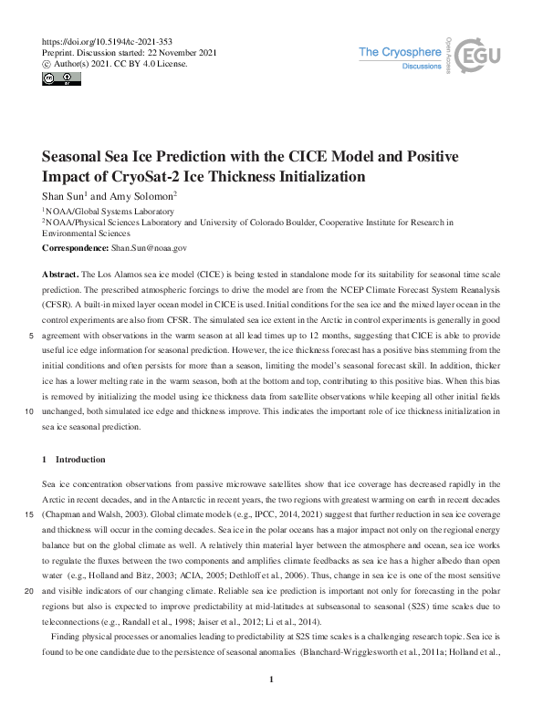 (PDF) Seasonal Sea Ice Prediction with the CICE Model and Positive ...