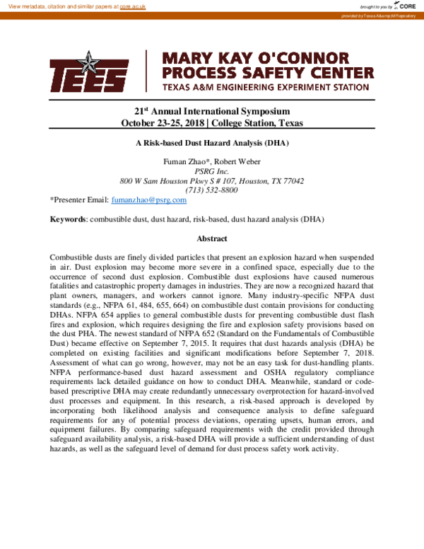 (PDF) A Risk-based Dust Hazard Analysis (DHA) | Fuman Gary Zhao ...