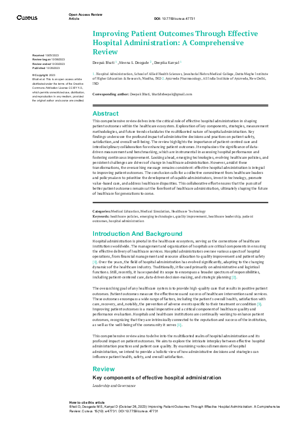 (PDF) Improving Patient Outcomes Through Effective Hospital Administration: A Comprehensive Review