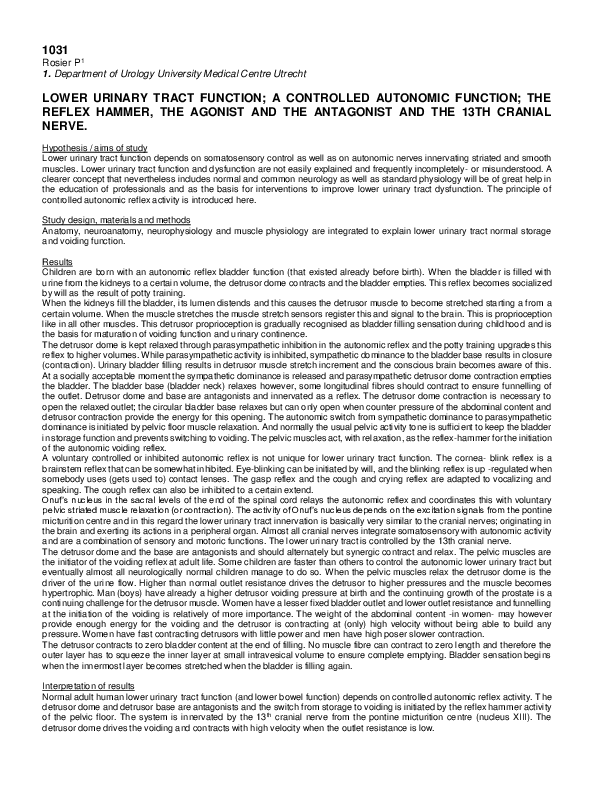 Lower urinary tract function; A controlled autonomic function; The ...