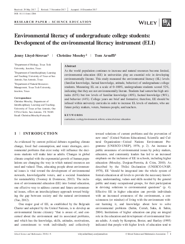 (PDF) Environmental literacy of undergraduate college students ...