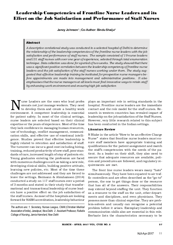 (PDF) Leadership Competencies of Frontline Nurse Leaders and its Effect on the Job Satisfaction ...