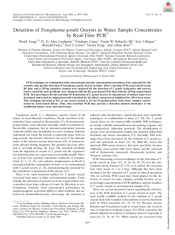 Pdf Detection Of Toxoplasma Gondii Oocysts In Water Sample Concentrates By Real Time Pcr