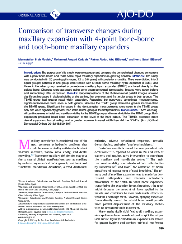 (PDF) Comparison of transverse changes during maxillary expansion with 4-point bone-borne and ...