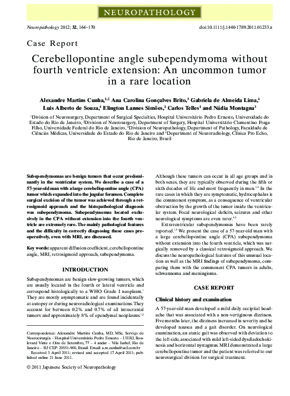 (PDF) Cerebellopontine angle subependymoma without fourth ventricle ...