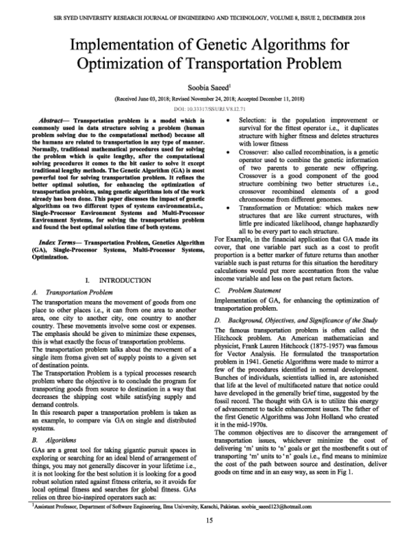 Pdf Implementation Of Genetic Algorithms For Optimization Of Transportation Problem