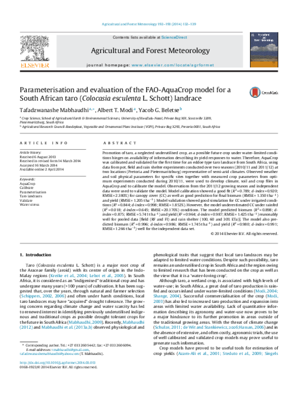 (PDF) Parameterisation and evaluation of the FAO-AquaCrop model for a ...