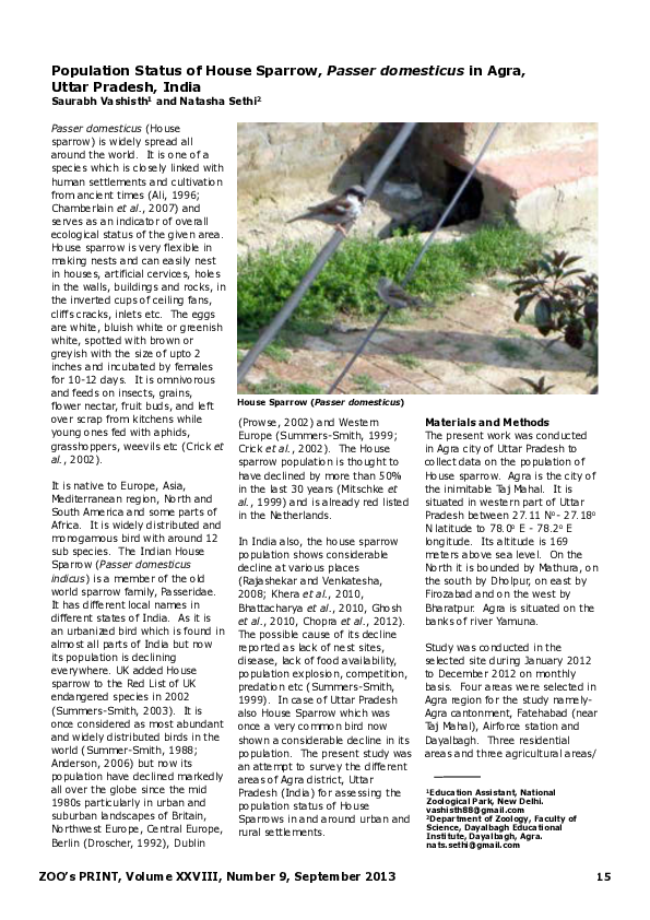(PDF) Population Status of House Sparrow, Passer domesticus in ...