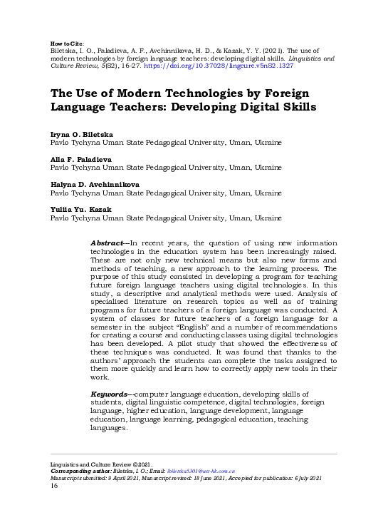 (PDF) Use of Modern Technologies by Foreign Language Teachers: Developing Digital Skills