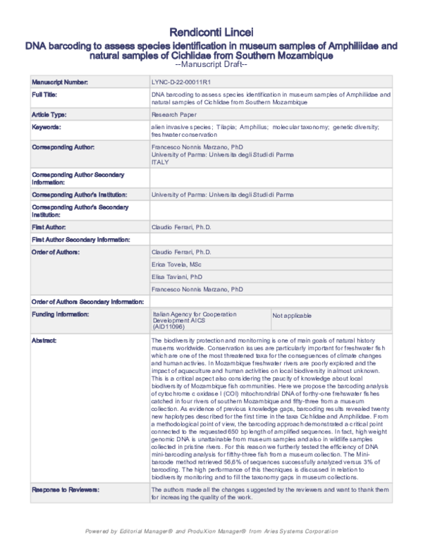 (PDF) Rendiconti Lincei DNA barcoding to assess species identification ...