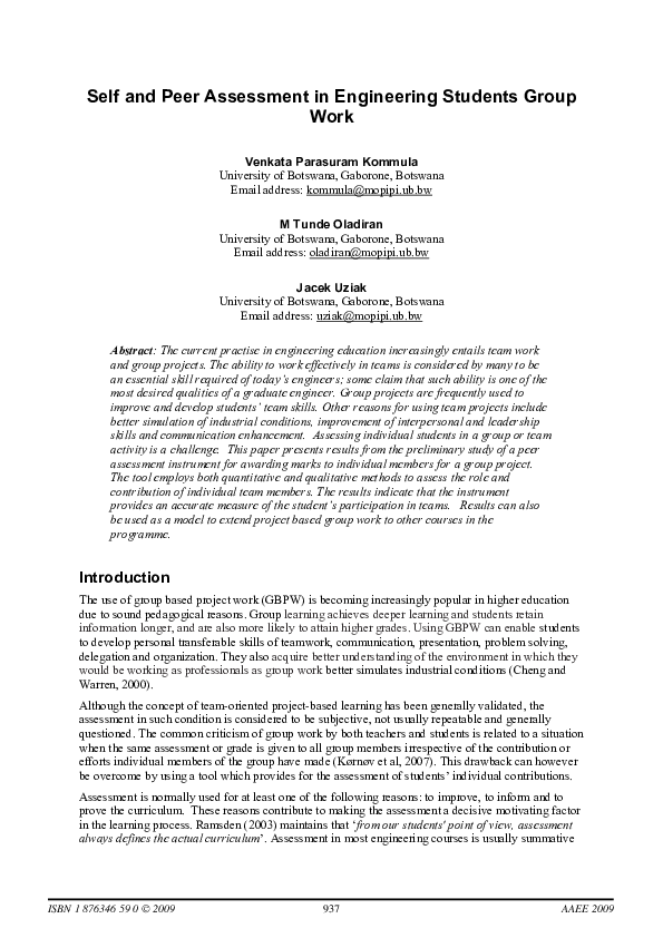 (PDF) Self and Peer Assessment in Engineering Students Group Work