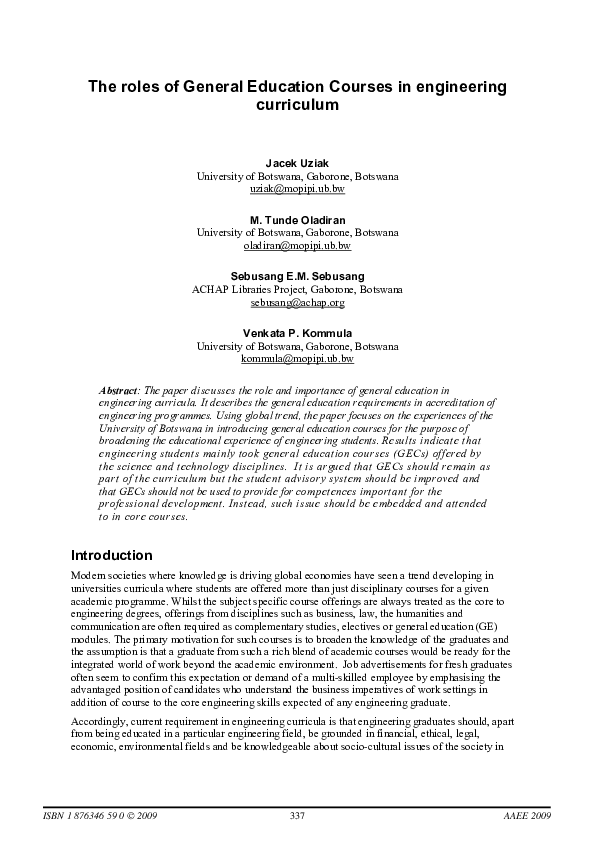 (PDF) The roles of General Education Courses in engineering curriculum