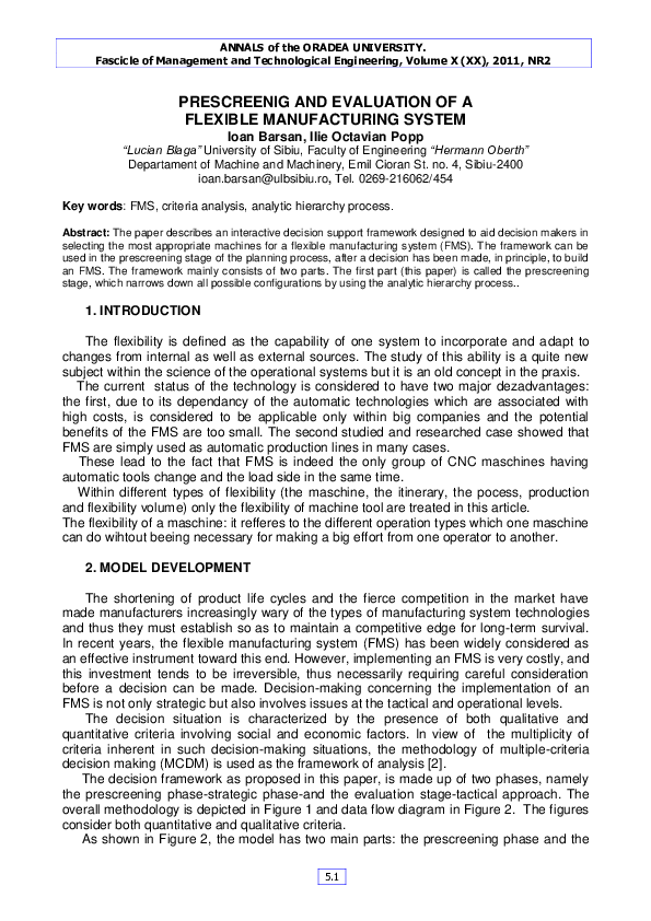 (PDF) Prescreenig and Evaluation of a Flexible Manufacturing System