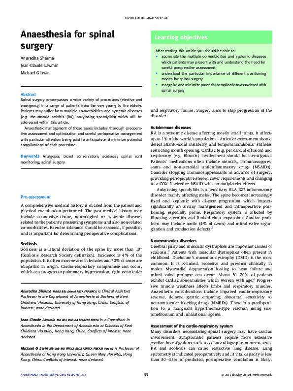 (PDF) Anaesthesia for spinal surgery | Sabrina Galloway - Academia.edu