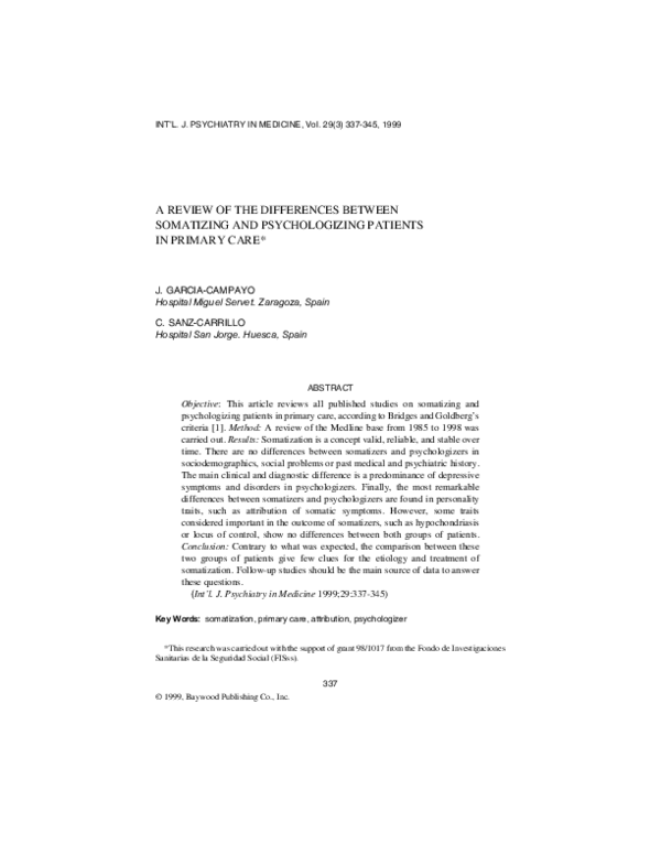 (PDF) A Review of the Differences between Somatizing and Psychologizing ...