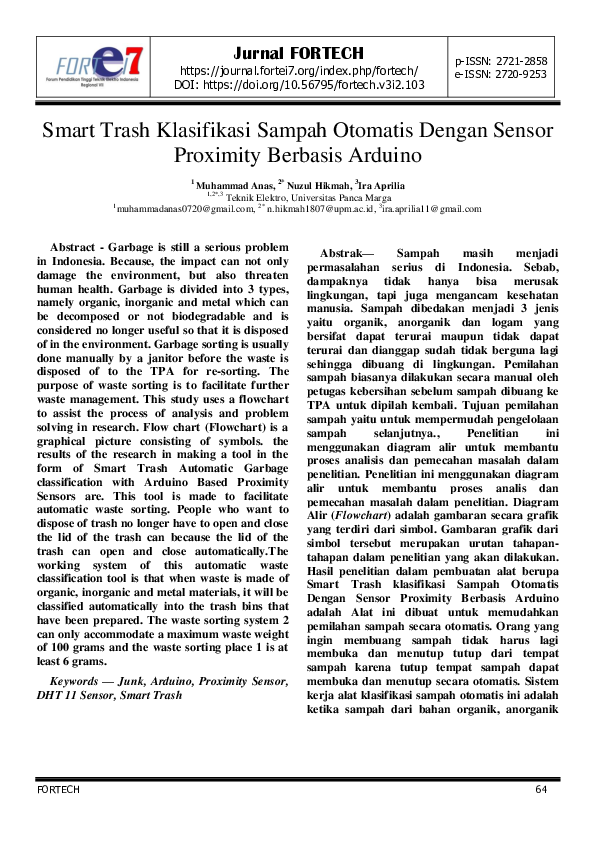 (PDF) Smart Trash Klasifikasi Sampah Otomatis Dengan Sensor Proximity Berbasis Arduino
