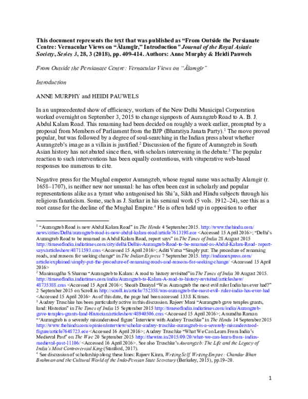 (PDF) From Outside the Persianate Centre: Vernacular Views on “Ālamgīr ...
