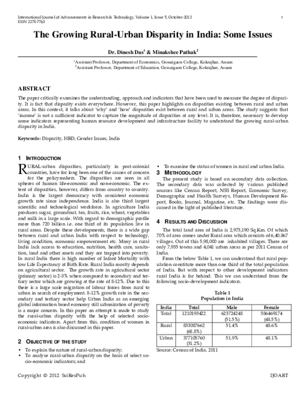 (PDF) The Growing Rural-Urban Disparity in India: Some Issues
