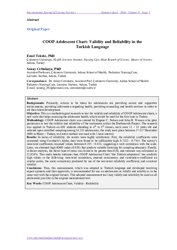 (PDF) COOP Adolescent Chart: Validity and Reliability in the Turkish ...