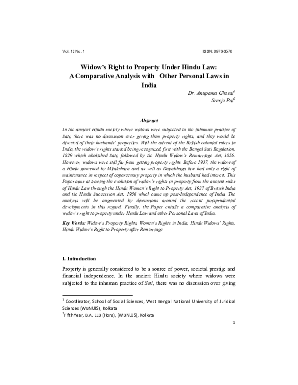 (PDF) Widow’s Right to Property Under Hindu Law: A Comparative Analysis ...