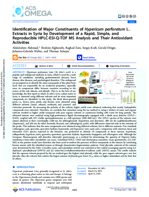 (PDF) Identification of Major Constituents of Hypericum perforatum L. Extracts in Syria by ...
