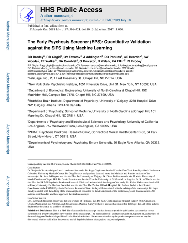(PDF) The Early Psychosis Screener (EPS): Quantitative validation ...