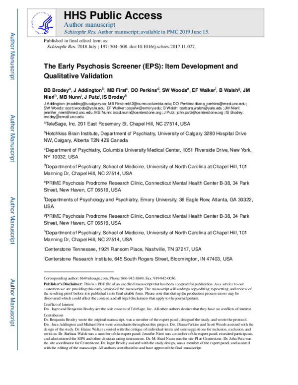 (PDF) The Early Psychosis Screener (EPS): Item development and ...