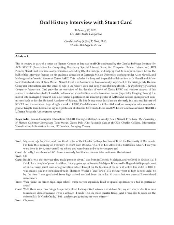 (PDF) Oral History Interview with Stuart Card