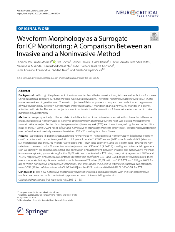 (PDF) Waveform Morphology as a Surrogate for ICP Monitoring: A ...