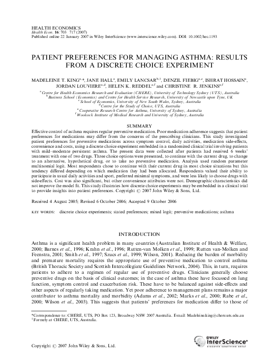 (PDF) Patient preferences for managing asthma: results from a discrete choice experiment ...
