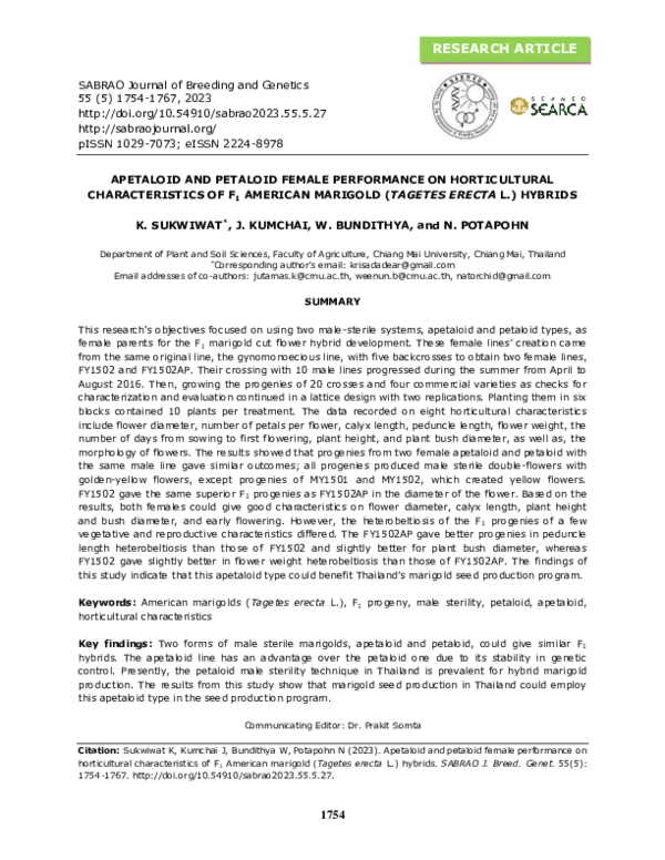 (PDF) APETALOID AND PETALOID FEMALE PERFORMANCE ON HORTICULTURAL ...