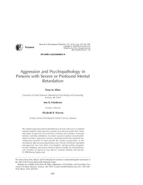 (PDF) Aggression and psychopathology in persons with severe or profound ...